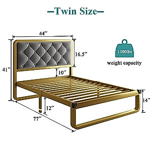 iPormis Twin Size Metal Bed Frame with Velvet Button Tufted Headboard, Curved Platform Bed Frame, Thicker Metal Steel Slats Support, 12'' Under-Bed Space, Noise-Free, Easy Assembly, Gold & Grey