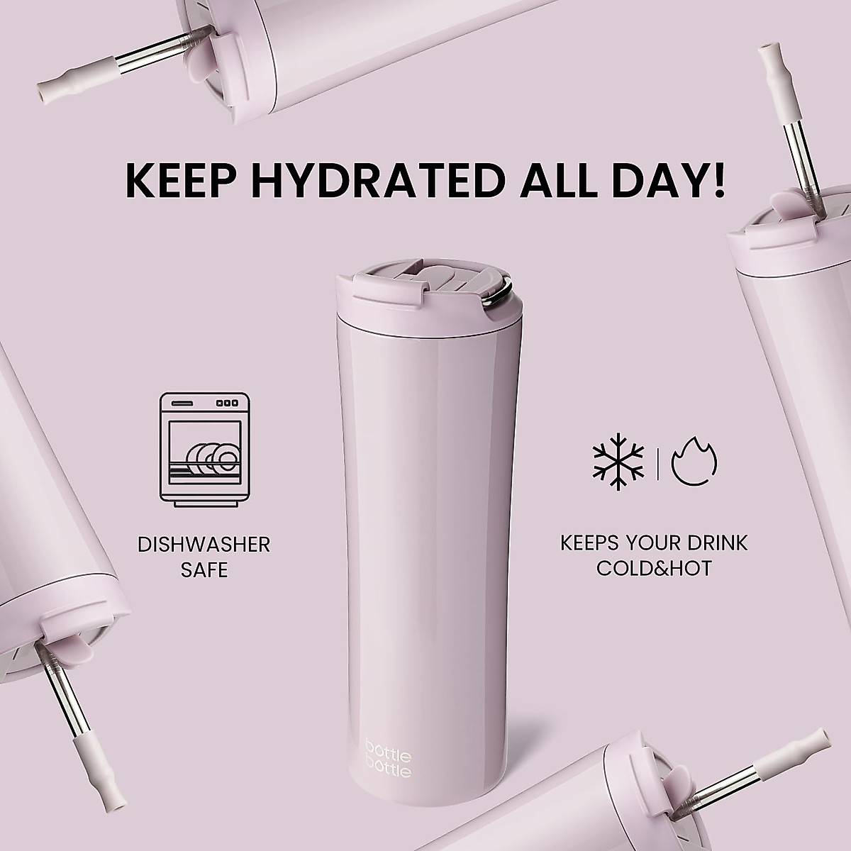 BOTTLE BOTTLE Insulated Water Bottle Coffee Tumblers with Dual-use Lid and Straw Double Walled Iced Travel Coffee Mug for Woman and Man 24oz Stainless Steel Tumbler with Handle（Light Purple）