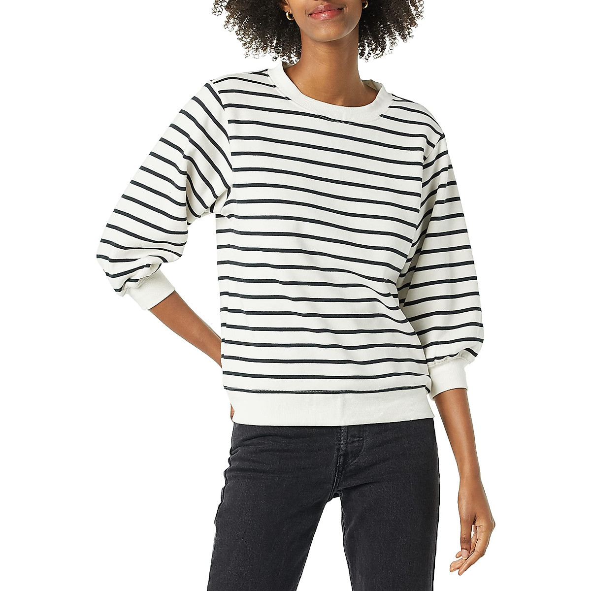 Amazon Essentials Women's Fleece Sleeve Detail Crewneck Sweatshirt, Black White Stripe, Medium
