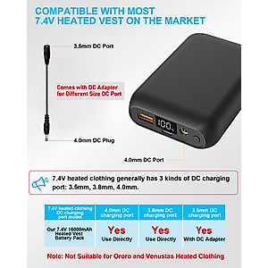 Buvizas 7.4V 16000mAh Heated Vest Battery Pack, Rechargeable Battery Pack for Heated Vest with DC and USB Output Ports, LED Display Portable Power Bank for Heated Vest,Jacket,Pants(No Ororo)