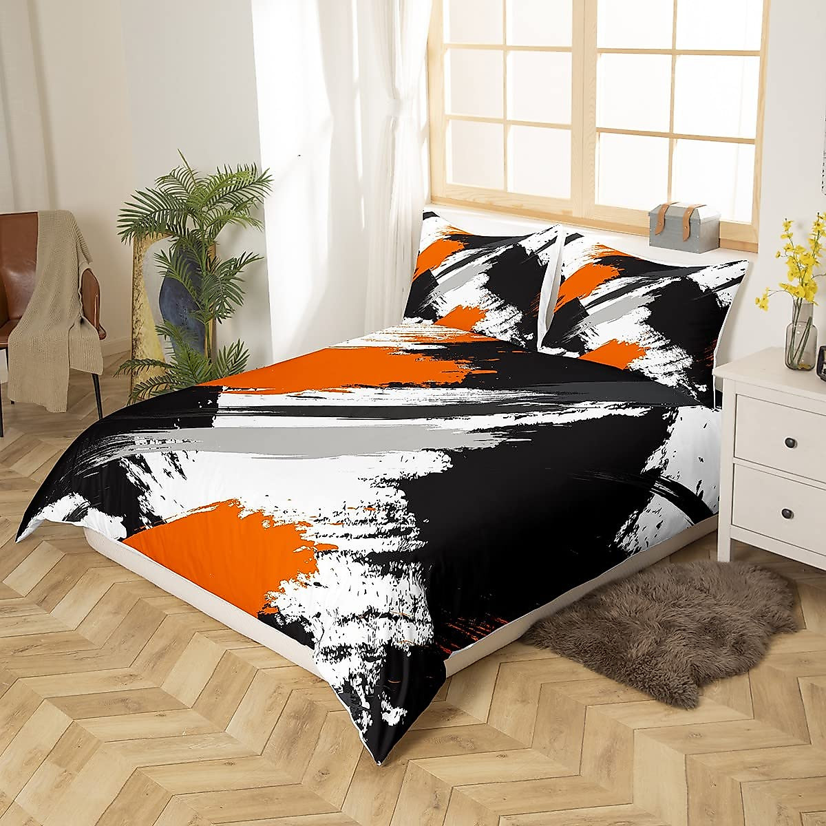 Hipple Graffiti Duvet Cover Set King Size,Abstract Street Art Comforter Cover with 2 Pillowcases,3 Piece,Black White Orange Bedding Set for Adult Young Bedroom Xmas Gift