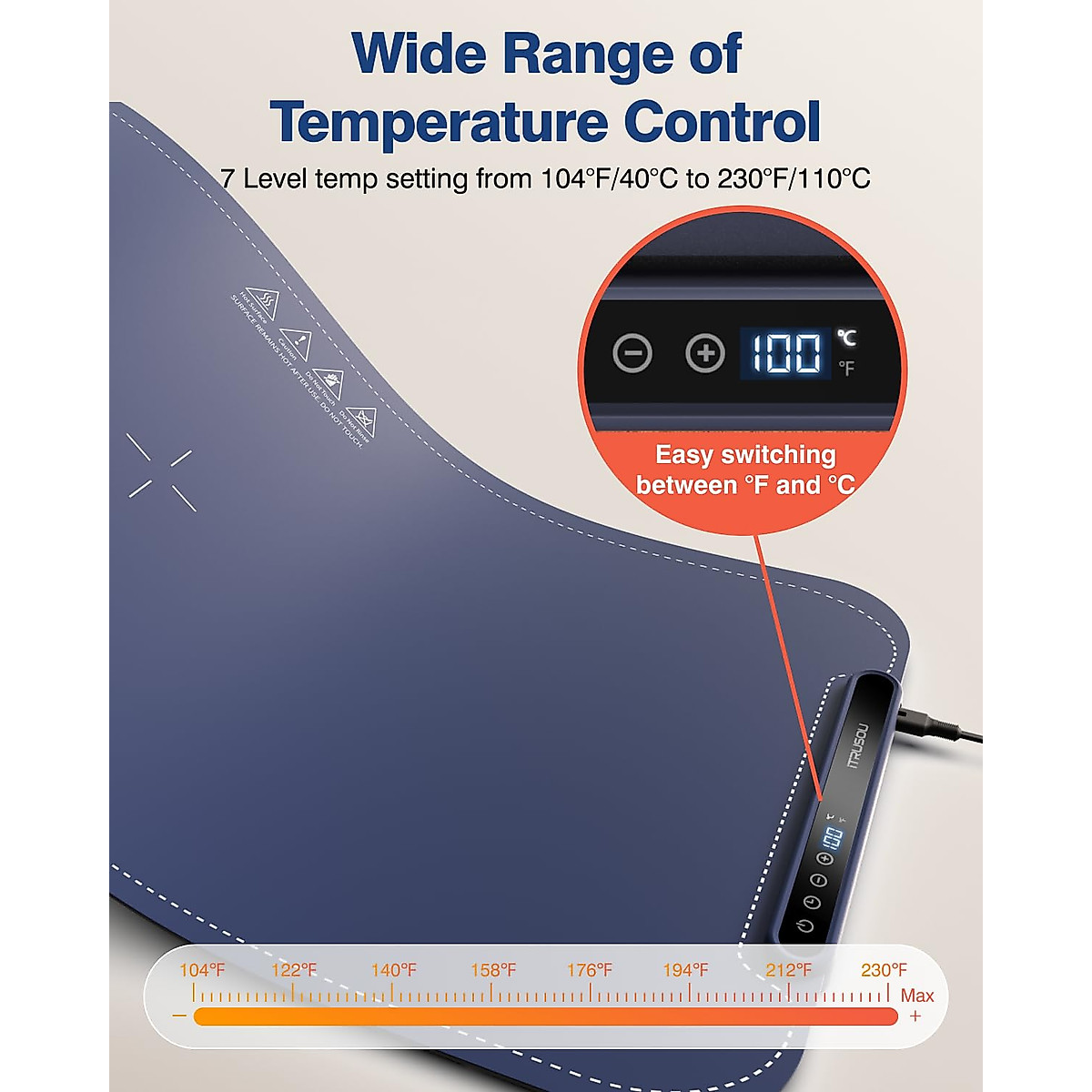 Electric Warming Tray, iTRUSOU Silicone Warming Mat for Food with 7 Level Temp, Switchable Celsius/Fahrenheit, 1-8Hr Auto Shut-Off, Upgrade Strap Keep Food Warm at Buffet, Party, Sabbath, Daily Use