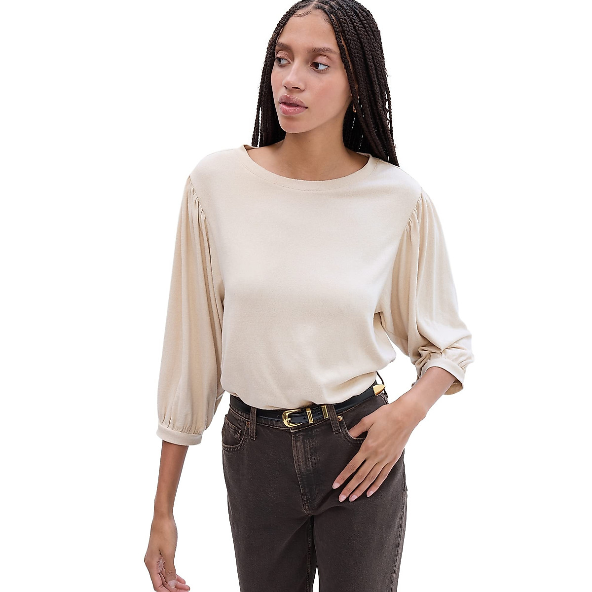 GAP Womens Supersoft Volume Sleeve Knit Shirt, Oyster 083, Small US