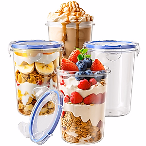 4 Pack Overnight Oats Containers with Lids, Oatmeal Container, 16oz Leak Proof Oats Jars, BPA Free, Reusable, Portable Plastic Food Storage Container for Oatmeal, Yogurt, Soup, Cereal, Milk and More