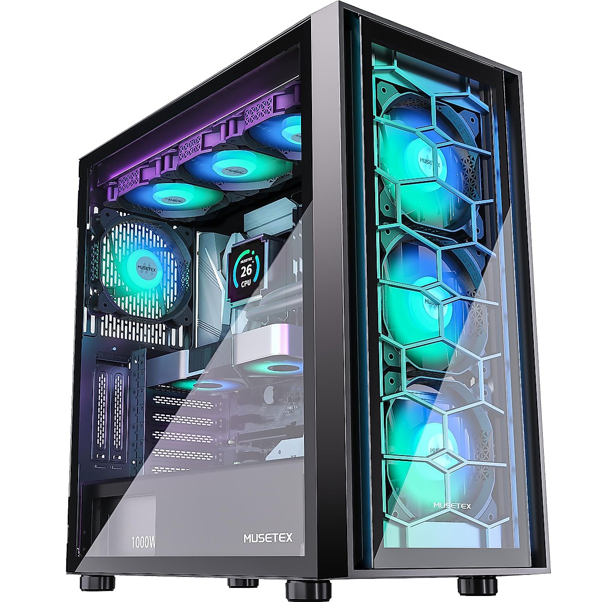 MUSETEX ATX PC Case 4 PWM ARGB Fans Pre-Installed, Mid Tower Gaming PC Case, Double Tempered Glass Tower Computer Case, USB 3.0 x 2, Black, G08