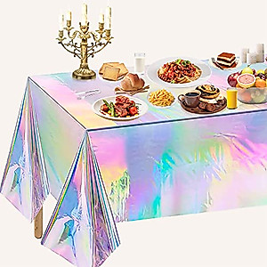 4 Pack Iridescence Plastic Tablecloths Disposable Laser Tablecloth Holographic Foil Rectangle Table Covers Birthday Disco Bachelorette Bridal Wedding Rainbow Iridescent Party Decorations 54" x 108"