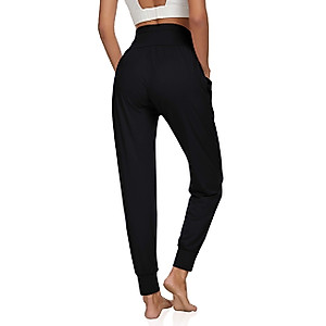 UEU Women's Cozy Yoga Thin Joggers Pants High Waist Loose Fitting Workout Sweatpants Baggy Comfy Sleep Lounge Sweat Pants with Pockets(Black,M)