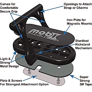 3 Finger Phone Ring Holder Kickstand - MOBI HANDLE Comfy Secure Grip, Scratch Resistant Durable Light Metal for Magnetic Car Mount or Stand, Gift Idea, w/Wrist Strap [Black]
