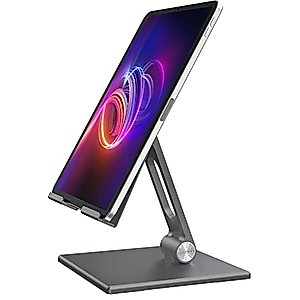 ALASHI Tablet Stand - Foldable, Adjustable Height, Multi-Angle, Sturdy Metal Base, Holds 4-13.3 Inch Tablets, Gray
