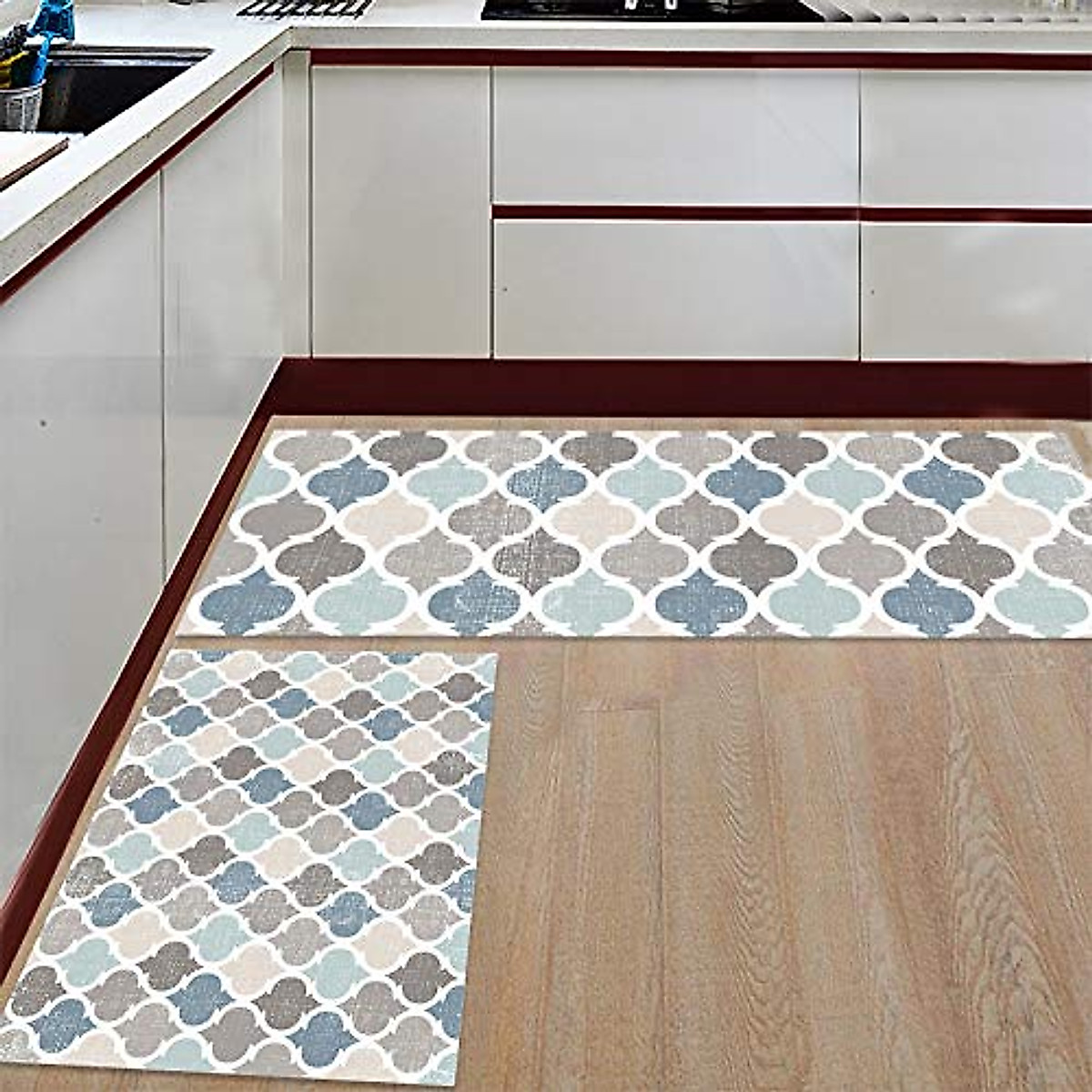 Houseown Kitchen Rugs and Mats 2 Pcs Set, Boho Moroccan Blue Grey Geometric Plaid Microfiber Kitchen Mat Non-Slip Washable Home Decor for Kitchen Floor Home Office Laundry