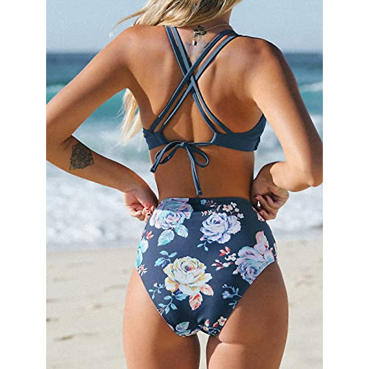 CUPSHE Women Bikini Set High Waisted Bikini Bottom Floral Tummy Control U Neck Double Straps Crisscross Back M