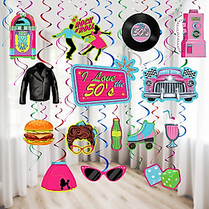 30 Pieces 1950's Rock and Roll Party Decorations Sock Hop Party Decorations 50s Foil Swirl Rock Themed Party Supplies Soda Shop Hanging Swirls Party Ceiling Decorations for 50's 60's Theme Party