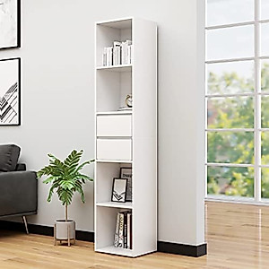 GOLINPEILO Wooden Book Cabinet with 4 Open Shelves and 2 Drawers, Modern Bookshelf for Living Room, White 14.2"x11.8"x67.3" Engineered Wood
