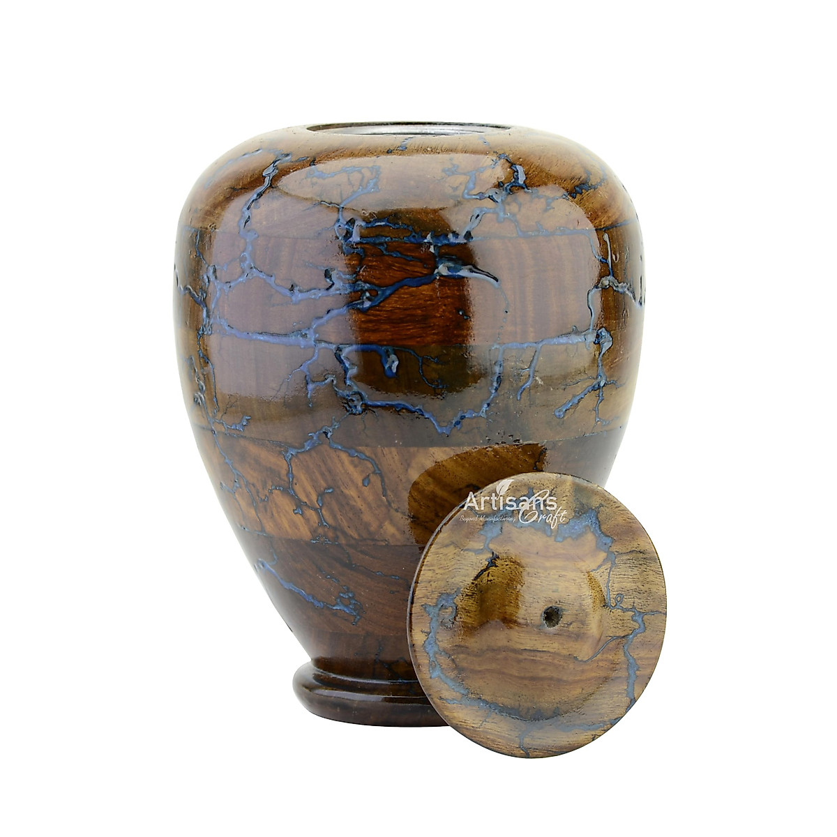 Handmade Rosewood Cremation Urn for Human Ashes Adults Male Female – Lichtenburg Figure Resin Burial Funeral Round Keepsake Memorial Urns (Blue Resin, Medium Ashes Holding Capacity 120 Cubic Inches)