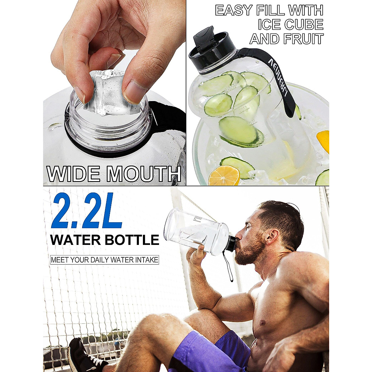 VENNERLI Water Bottle with Handle Portable Large Plastic Water Bottles for Adults BPA-free Half Gallon Water Bottle Reusable 2 Liter Water Jugs for Outdoor Hiking Fitness Travel Camping Cycling