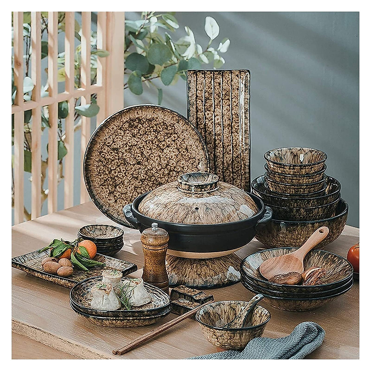 Porcelain Plate and Bowl Set,Dinnerware Set for Home or Special Restaurant, Ceramics Dinner Sets, 66 Pieces Leopard Glaze Porcelain Dinnerware Set | Japanese-Style Steak Plate Cereal Bowl and Soup Bo