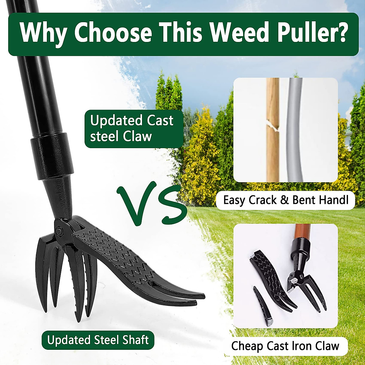 OOir onOO High Hardness Weed Pulling Tool - Manual Stand Up Weed Puller with 48" Metal Handle & 4-Claw Steel Head Design - Easily Remove Weeds Without Bending or Kneeling