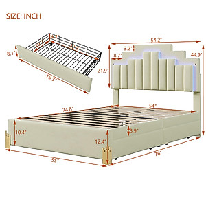 JIVOIT Full Size Upholstered Platform Bed with 4 Drawers, Modern LED Light Platform Bed Frame, Stylish Irregular Metal Bed Legs Design, Upholstered Storage Bed for Kids Teens (Beige,Full,Metal Legs)