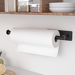 Paper Towel Holder Under Cabinet - Black Wall Mount Paper Towel Hanger, Stainless Steel, Self-Adhesive or Drilling, for Kitchen, Bathroom, RV