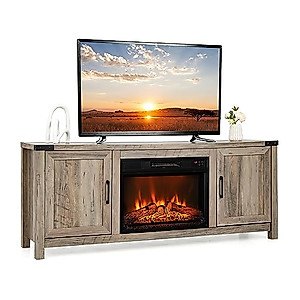 COSTWAY Electric Fireplace TV Stand for TVs up to 70 Inches, Farmhouse Media Entertainment Center Table with Storage Cabinets, Electric Fireplace TV Console with Remote Control for Living Room Bedroom