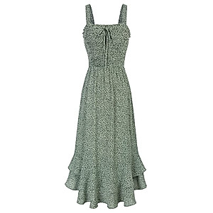 Women's Summer Floral Chiffon Bohemian Long Dress Elegant Square Neck Tie Front Ruffle Aline Maxi Dress Green L