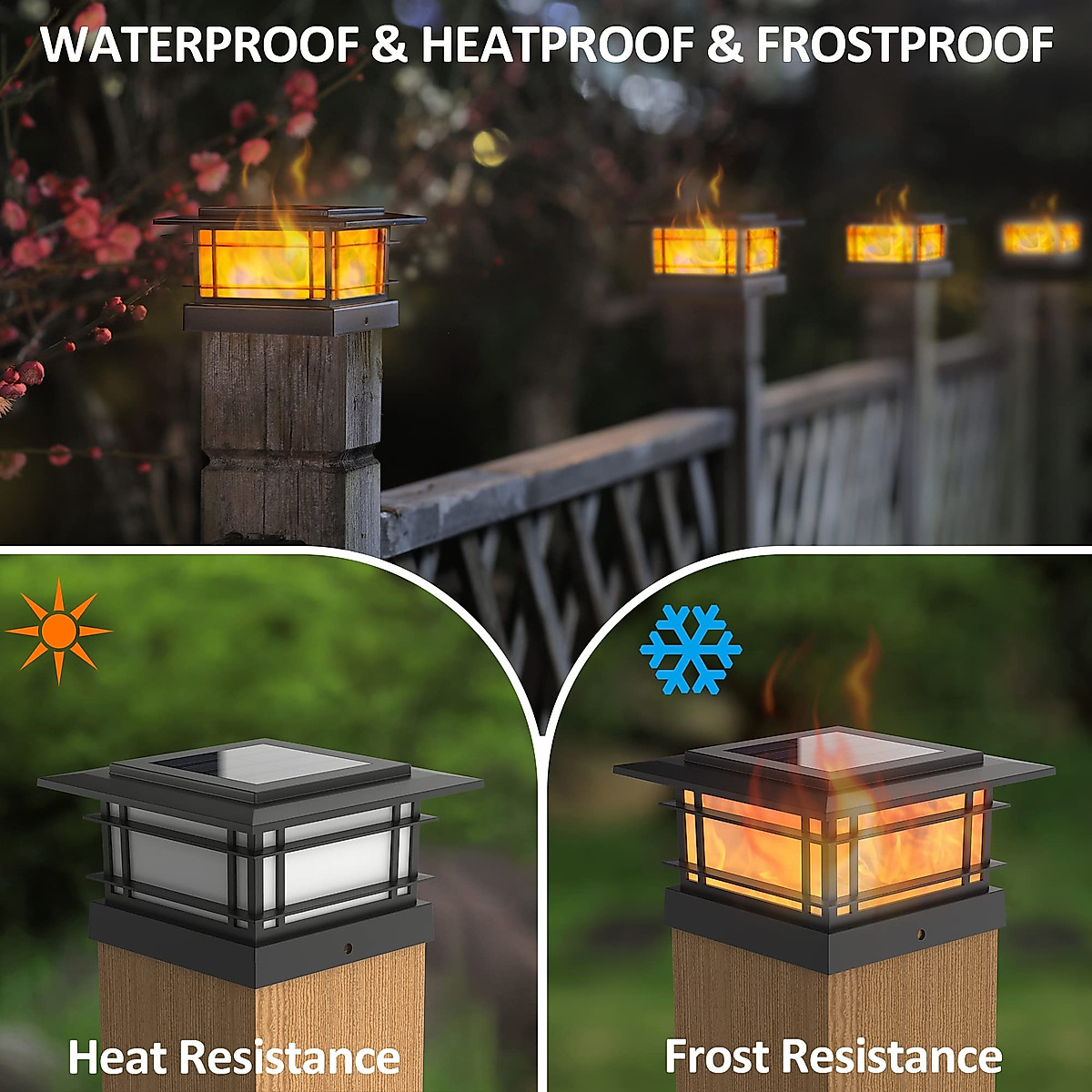 Dynaming 8 Pack Solar Flame Post Lights Outdoor, Solar Powered Fence Post Cap Lights, High Brightness Flickering Flame SMD LED Lighting Decor for Garden Deck Patio, 4x4, 5x5 or 6x6 Vinyl/Wooden Posts
