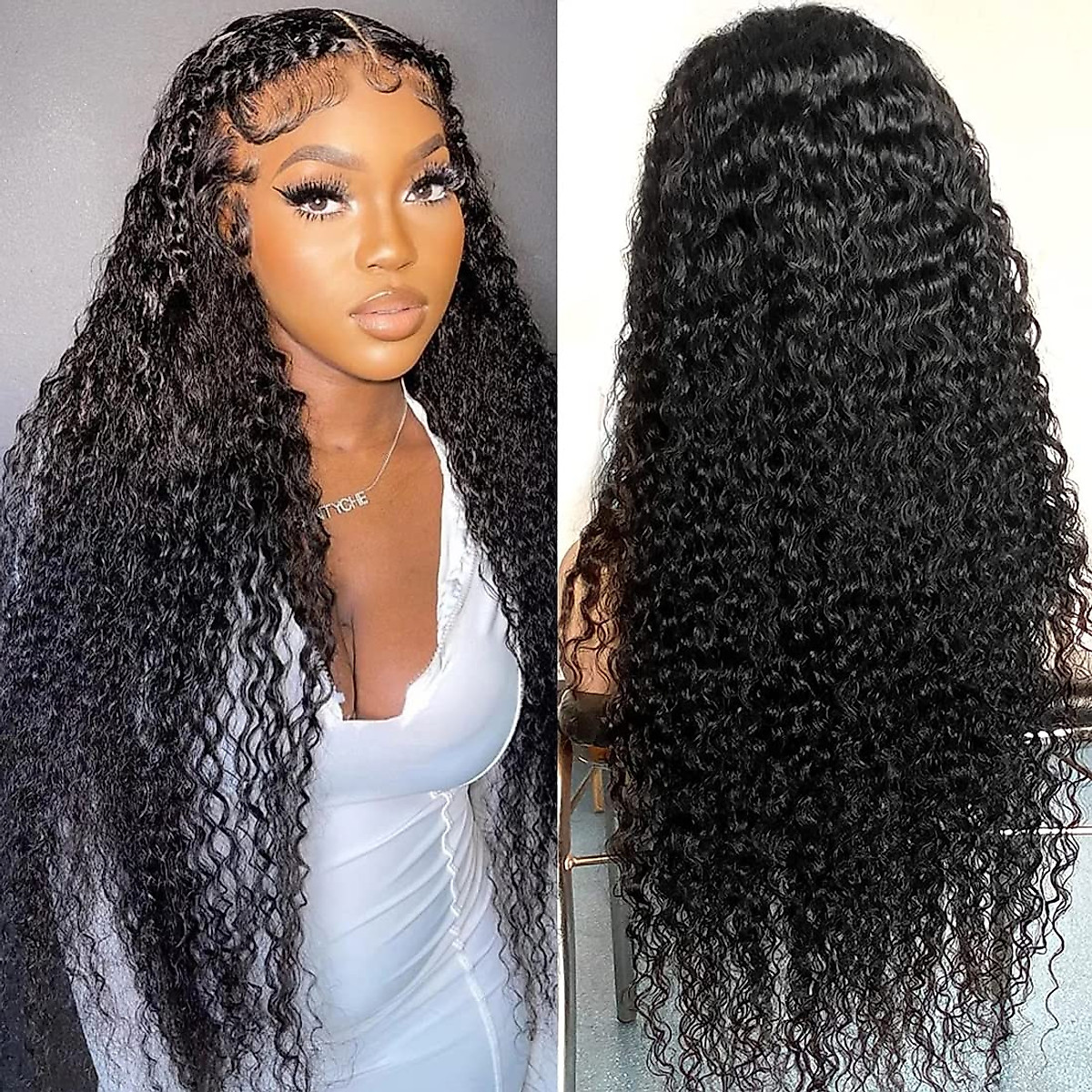 SYHGK 13x6 Deep Wave Lace Front Wigs Human Hair Wigs HD Transparent Deep Curly Lace Frontal Glueless Wigs Human Hair Lace Front Wigs Pre Plucked 150% Density Natural Black 24 Inch