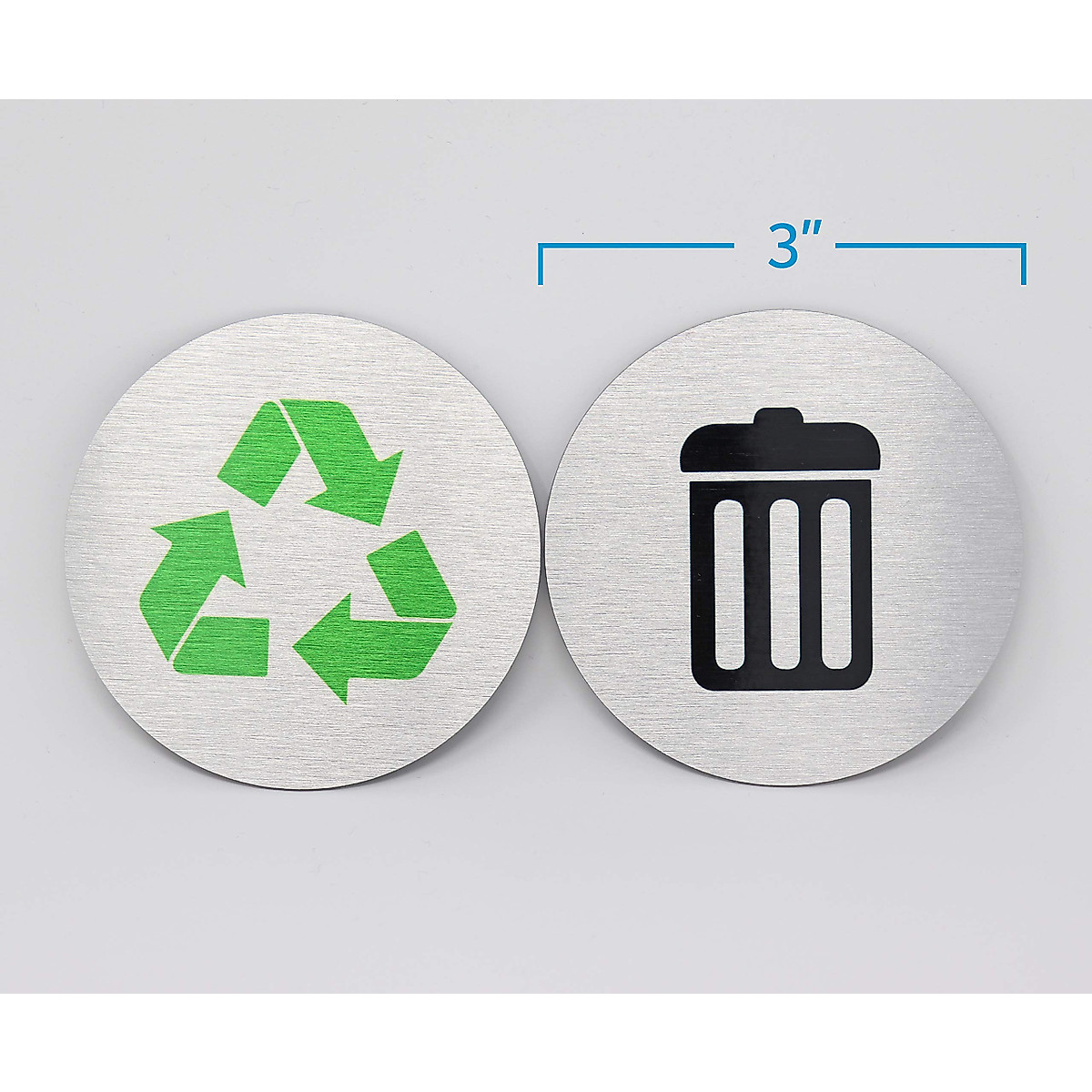 Metal Trash & Recycling Signs | Garbage & Recycling Bin Marker | Set of 2 - 1 Black Trash Sign & 1 Green Recycle Sign | 3" Round, Brushed Silver Aluminum Signs | Made in USA
