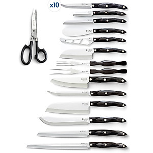 CUTCO Model 6014 Santoku Signature Set with Steak Knives............23 High Carbon Stainless knives & forks (including 10 #2159 Steak Knives) with Classic Dark Brown handles (often called "Black") in factory-sealed plastic bags...........#1652 Honey Oak k