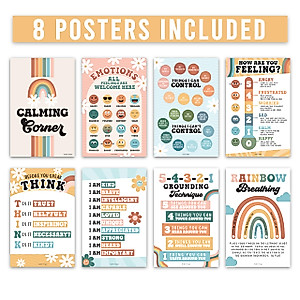 8 Calming Corner Posters For Classroom Must Haves For Teachers - 11x17" Calm Down Corner Supplies, Feelings Chart For Kids Ages 4-8, Toddler Emotions Chart, Retro Classroom Decor