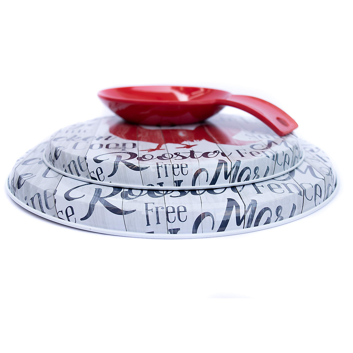 Chicken Decor Stove Burner Covers - Rooster Kitchen Decor - Farmhouse Sign Style WITH Two Insulated Hot Pads AND Red Spoon Rest