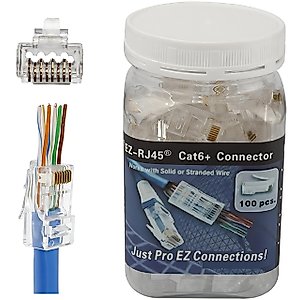 PETECHTOOL 100-Pack RJ45 CAT6A CAT6 Pass Through Connectors 23AWG Cables-End Bold UTP Ethernet 8P8C Gold Plated Modular Plug for Unshielded Twisted Pair Solid Wire Standard Cables