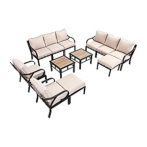 Festival Depot 12 Pieces Patio Conversation Set Sectional Sofa Armchair Ottoman with Thick Cushions and Side Coffee Table All Weather Metal Outdoor Furniture for Deck Garden, Beige