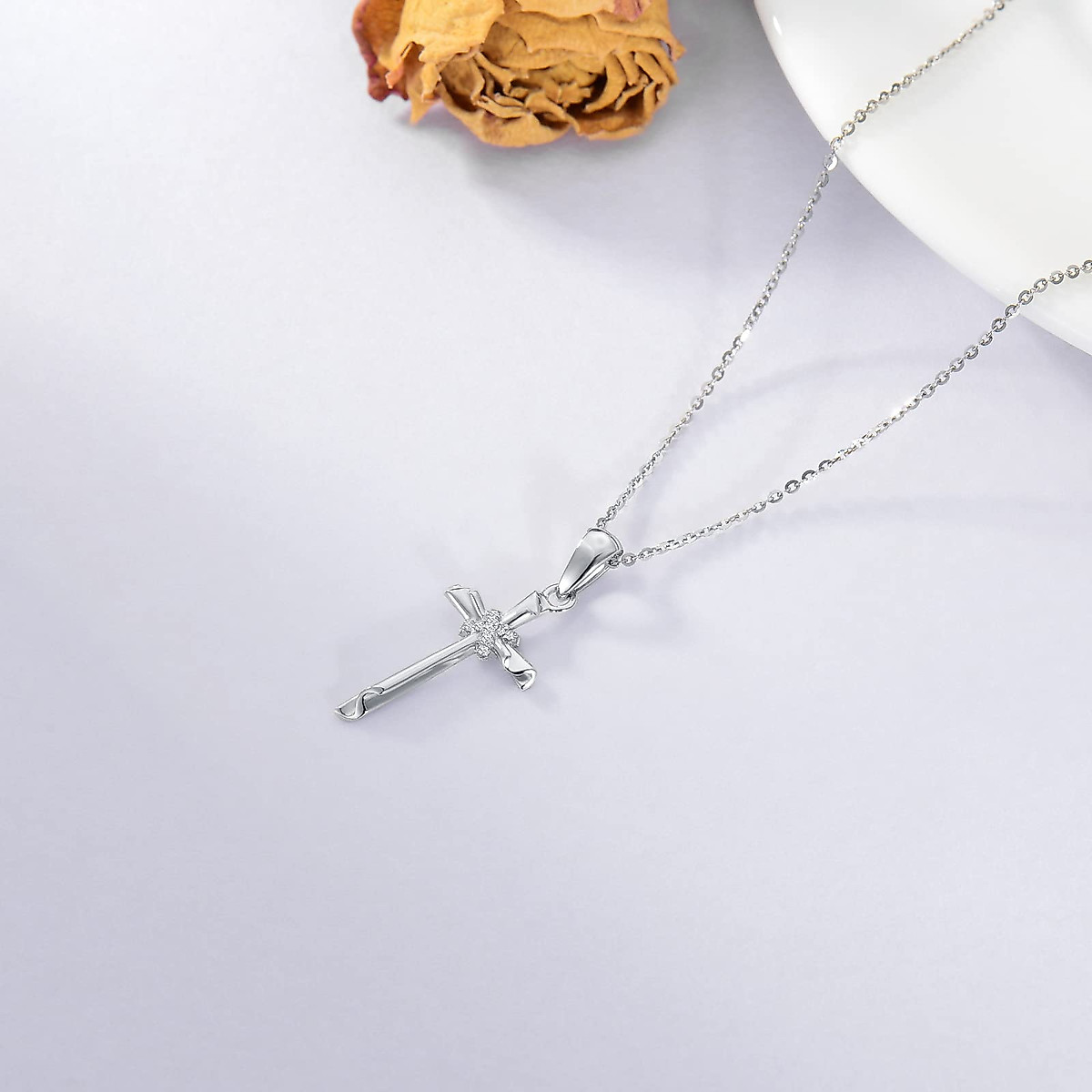 SISGEM 10K Real Gold Cross Necklace for Women Teen Girls, White Gold Cubic Zirconia Cross Pendant Necklace Cross Jewerly Gifts for Birthday Christmas 16+1+1 inch (10K-White)