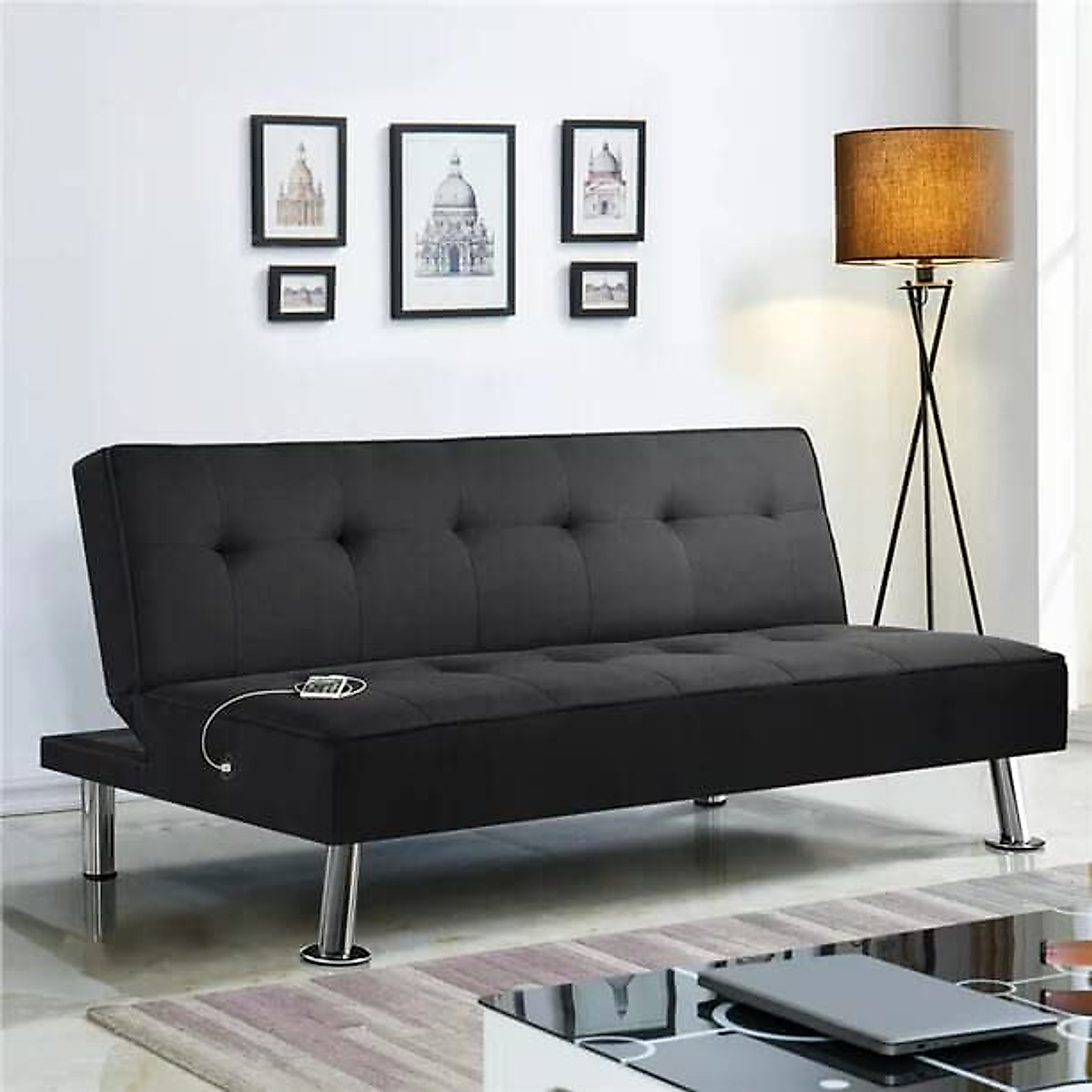 Convertible Folding Futon Sofa Bed,Modern Fabric Sleeper Couch Bed with 2 USB Ports,Recliner Sofa with Chrome Legs for Living Room Dorms Apartment Office