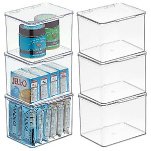 mDesign Plastic Kitchen Pantry and Fridge Storage Organizer Box Containers w/Hinged Lid for Shelves or Cabinets, Holds Food, Snacks, Seasoning, Condiments, Utensils, Lumiere Collection, 6 Pack, Clear
