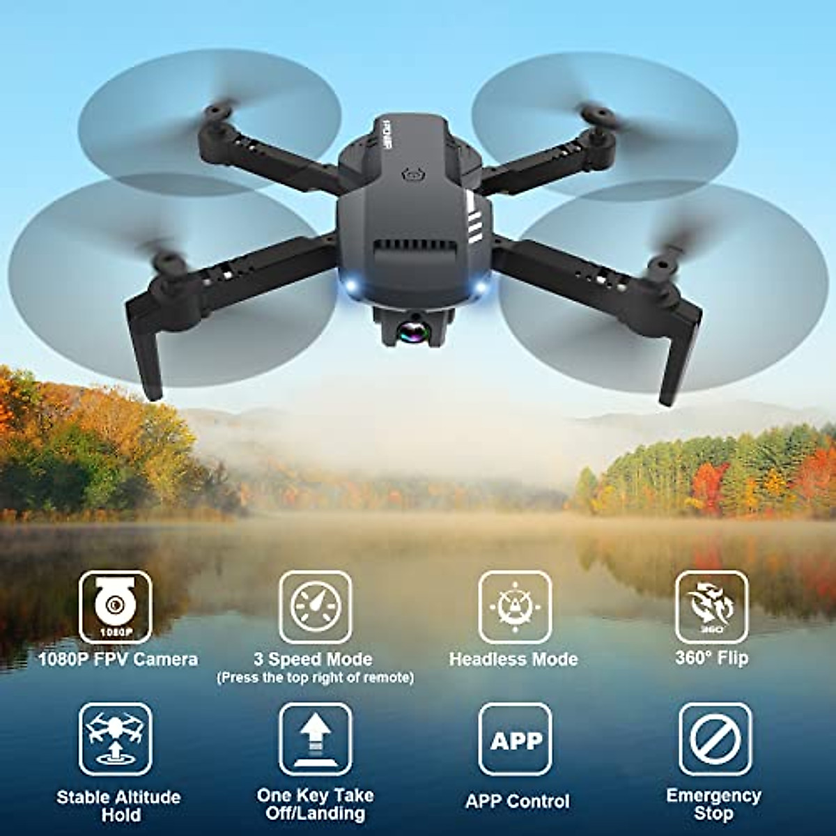 RADCLO Mini Drone with Camera - 1080P HD FPV Foldable Drone with Carrying Case, 2 Batteries, 90° Adjustable Lens, One Key Take Off/Land, Altitude Hold, 360° Flip, Toys Gifts for Kids, Adults, beginners, Remote Controlled, Black