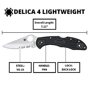 Spyderco Delica 4 Lightweight Signature Knife with 2.9" Saber-Grind Steel Blade and High-Strength FRN Handle - CombinationEdge - C11PSBK