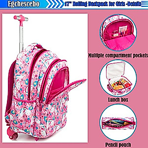 Egchescebo Girls Rolling Backpacks with Wheels 3PCS Unicorn Backpack Set for School Wheeled Luggage Suitcase Lunch Box Pencil Case Large Capacity Bookbag Adjustable Trolley for Elementary Travel Red