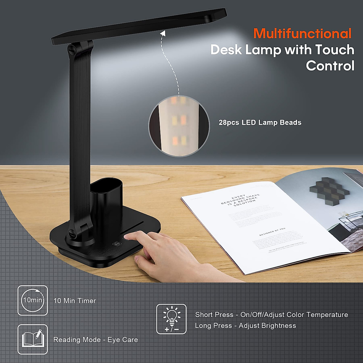 Desk Lamp Desk Light Desk Lamps for Home Office, LED Desk Lamp with USB Charging Port, Touch Control Small Desk Lamp with Pen/ Phone Holder, 3 Color Modes Foldable Study Reading Lamp with 10 Min Timer
