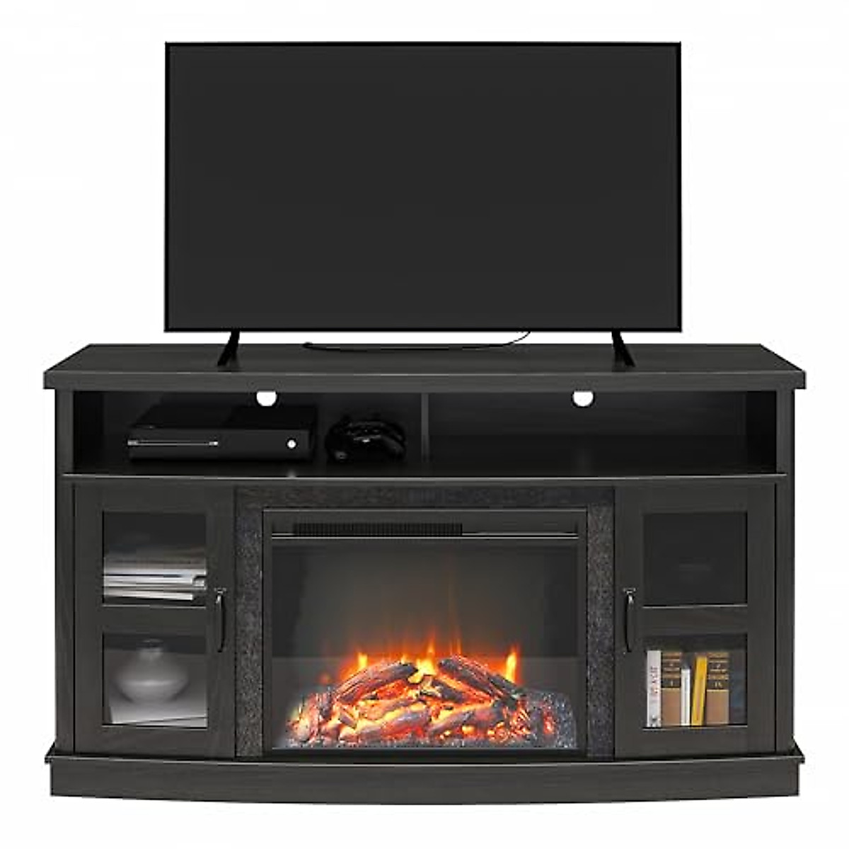Ameriwood Home Barrow Creek Fireplace Console with Glass Doors, TVs up to 60", Black Oak