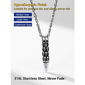 PROSTEEL Stainless Steel Skull Bullet Charm Necklace Skeleton Pendant Halloween Jewelry Retro Vintage Statement Necklace