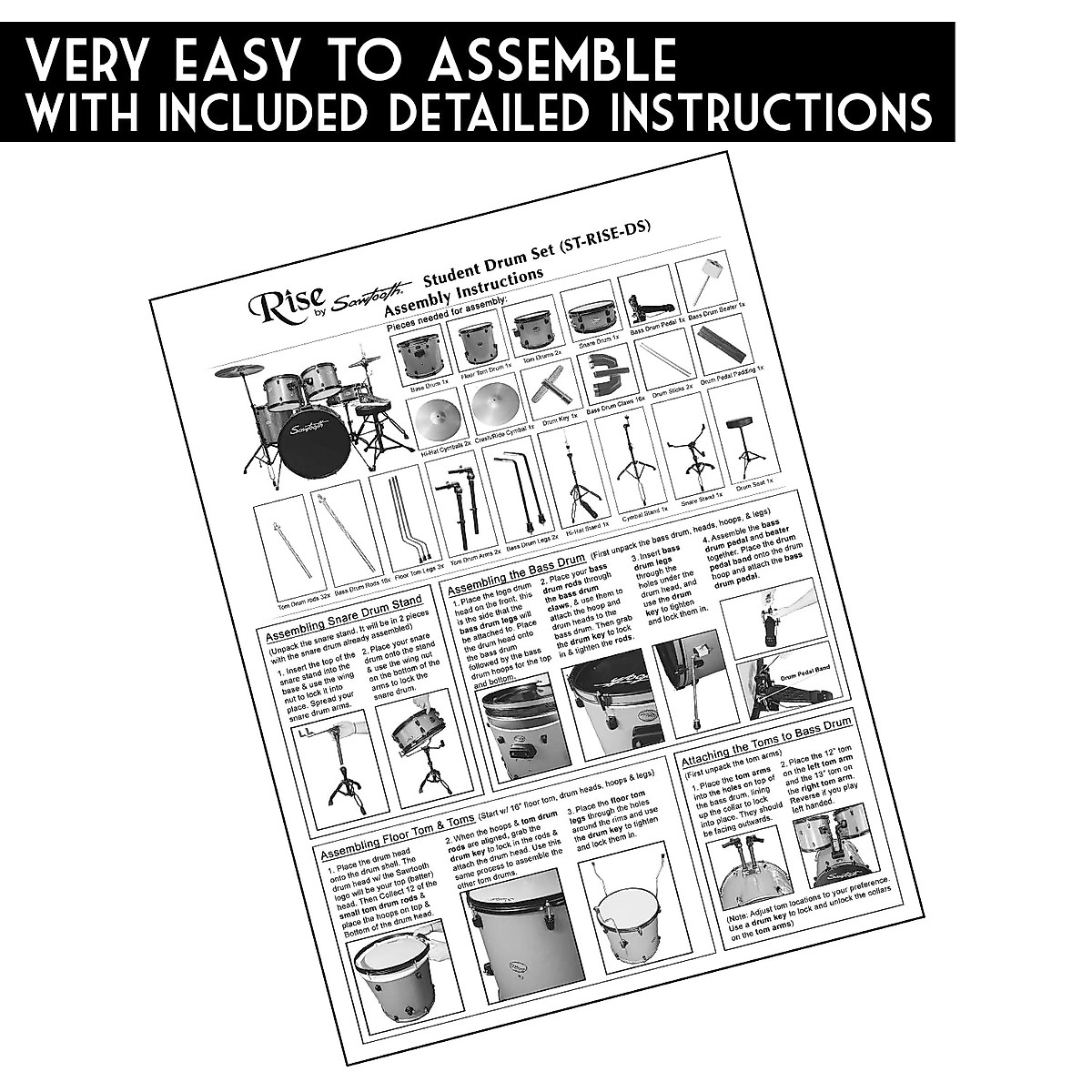 Rise by Sawtooth Full Size 5-Piece Student Drum Set with Hardware and Cymbals, Red Sparkle