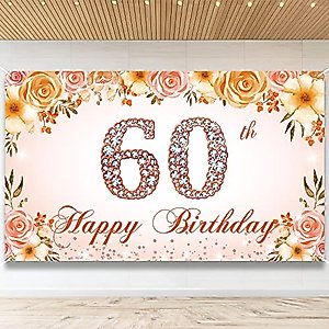 60th Birthday Decoration Banner Backdrop, Happy 60th Birthday Decorations for Women, 60 Years Old Birthday Party Photo Props Pink Floral, 60 Birthday Sign for Outdoor Indoor Rose Gold, Fabric PHXEY