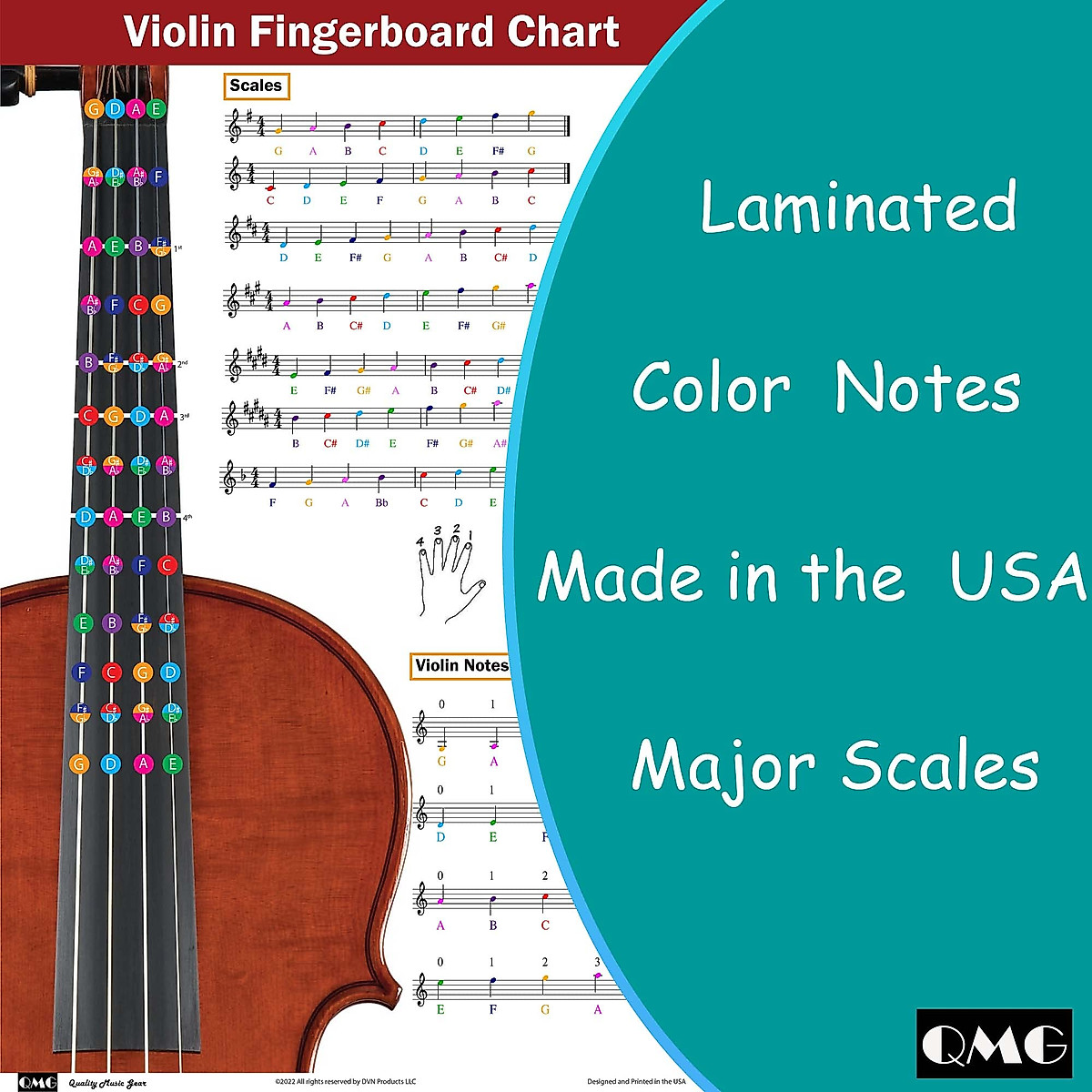 QMG Violin Fingering Chart with Color-Coded Notes, Learn Violin Scales Techniques Suitable for All Levels
