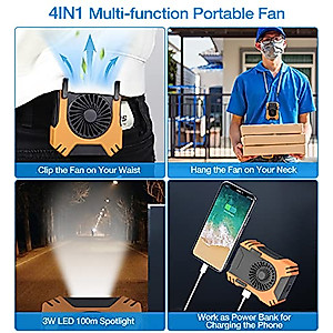 FANCYWING 2023 4in1 Portable Mini Waist Clip Fan, Personal Necklace Cooling Fan with Flashlight Function for Outdoor Working, Hiking, Camping, Fishing- Rechargeable, 3 Speed, Strong Airflow