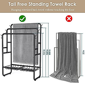 Kayfia 40" Tall Freestanding Towel Racks, 3 Tier Blanket Rack with 2 Removable Storage Baskets & 6 Hooks, Indoor Outdoor Floor Blanket Ladder Holder for Bedroom Bathroom Organizer (Metal Black)