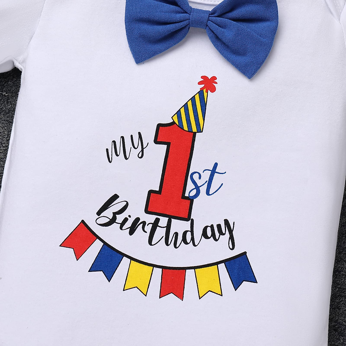 1st First Birthday Outfit Baby Boy Cake Smash One Year Old Party Newborn Toddler Bow Tie Short Sleeve Romper Shorts Pants Y-back Suspenders 3PCS Clothes Set Photo Shoot Royal Blue+Red 12-18 Months