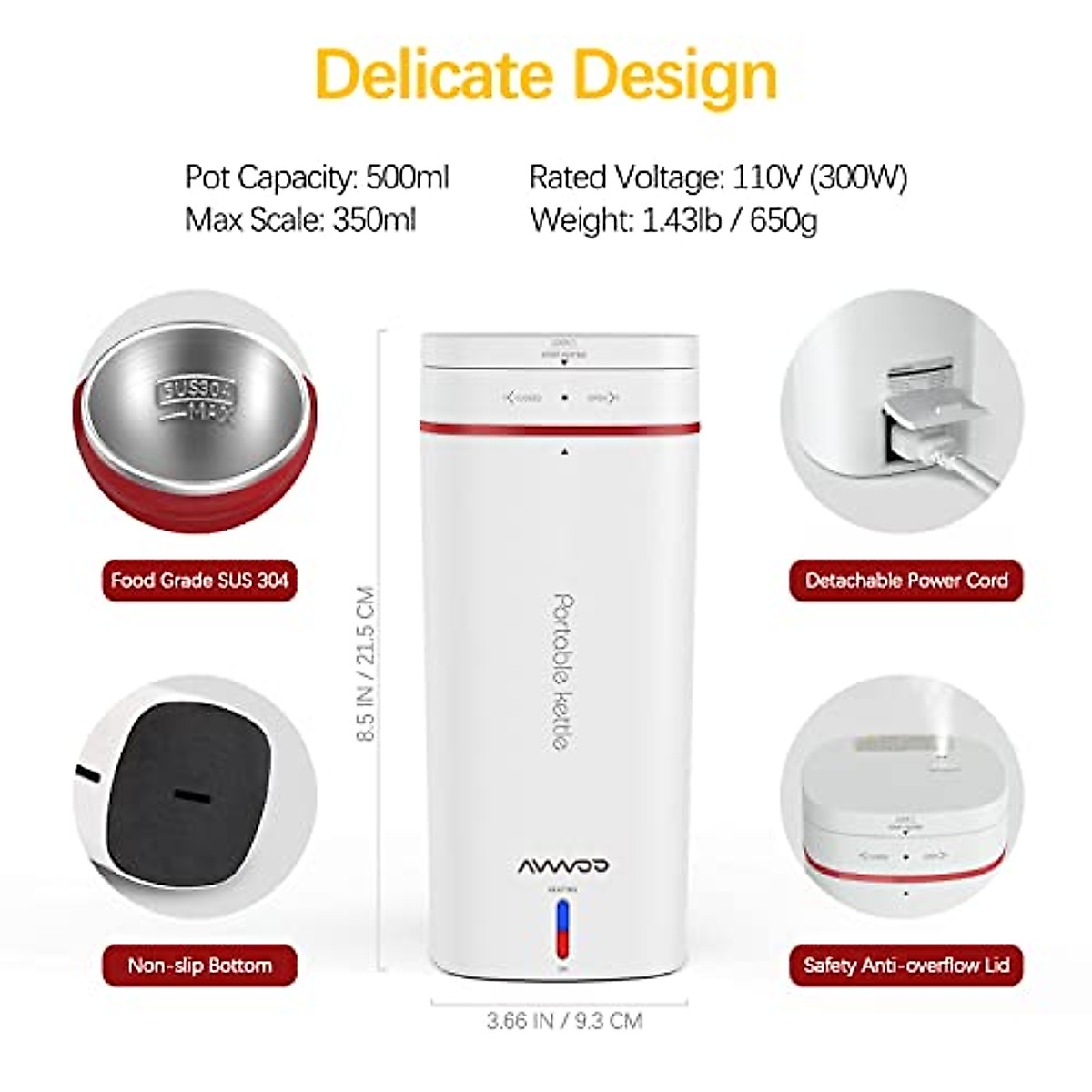 AVWOO Travel Electric Kettle, Portable Electric Kettle, Water Boiler for Travel, Small Electric Kettle Stainless Steel with Boil Dry Protection, Keep Warm, BPA Free, Child Lock - Larger Capacity