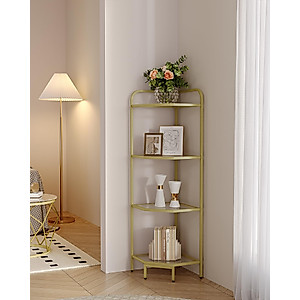 Hzuaneri Corner Shelf Stand, Glass Bookshelf Bookcase, Bathroom Organizer, Plant Stand, Steel Frame, Tempered Glass, Modern Style for Living Room, Bathroom, Kitchen, 4-Tier Golden CS90400G